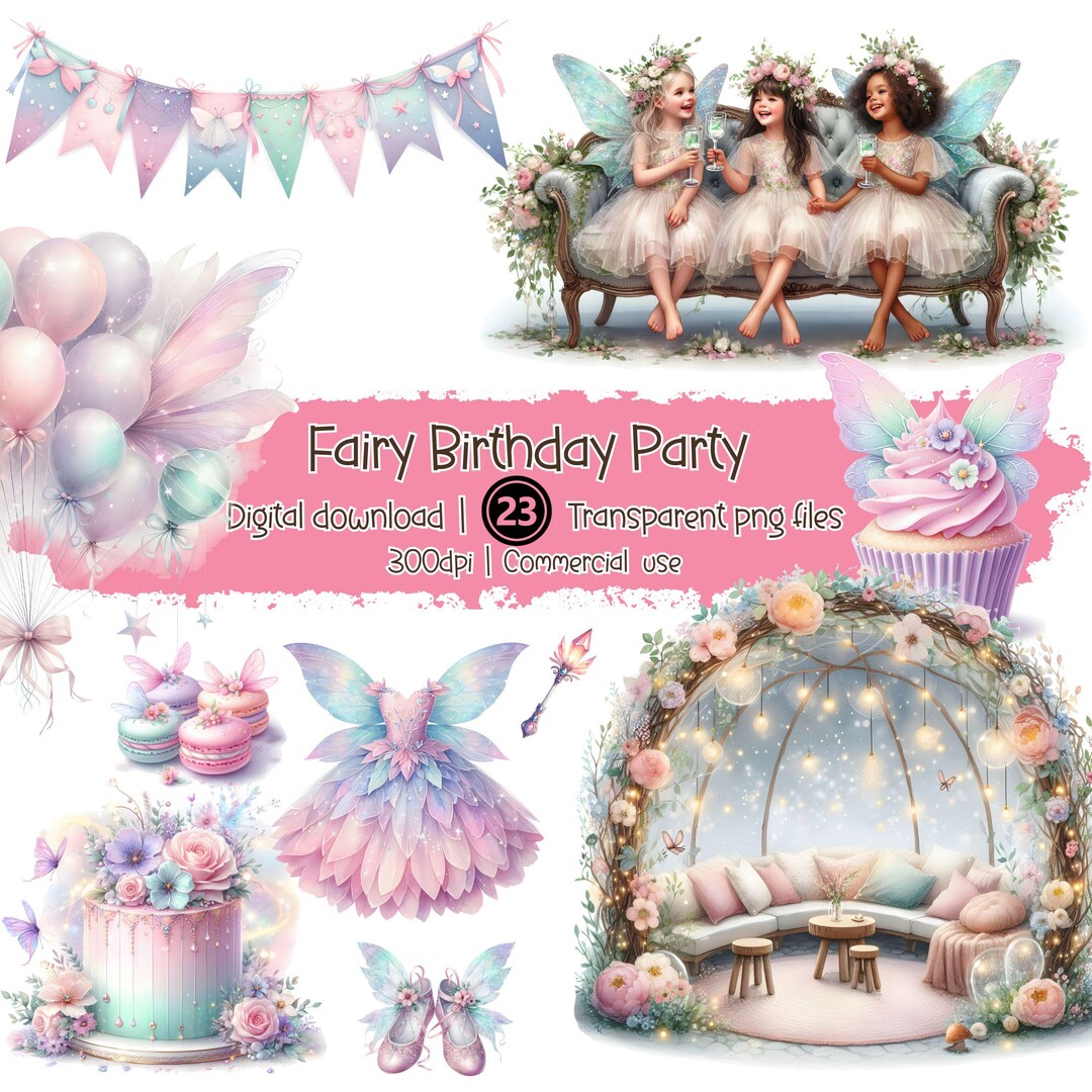 Fairy Garden Clipart Bundle: Pastel Birthday Party PNG (digital ...