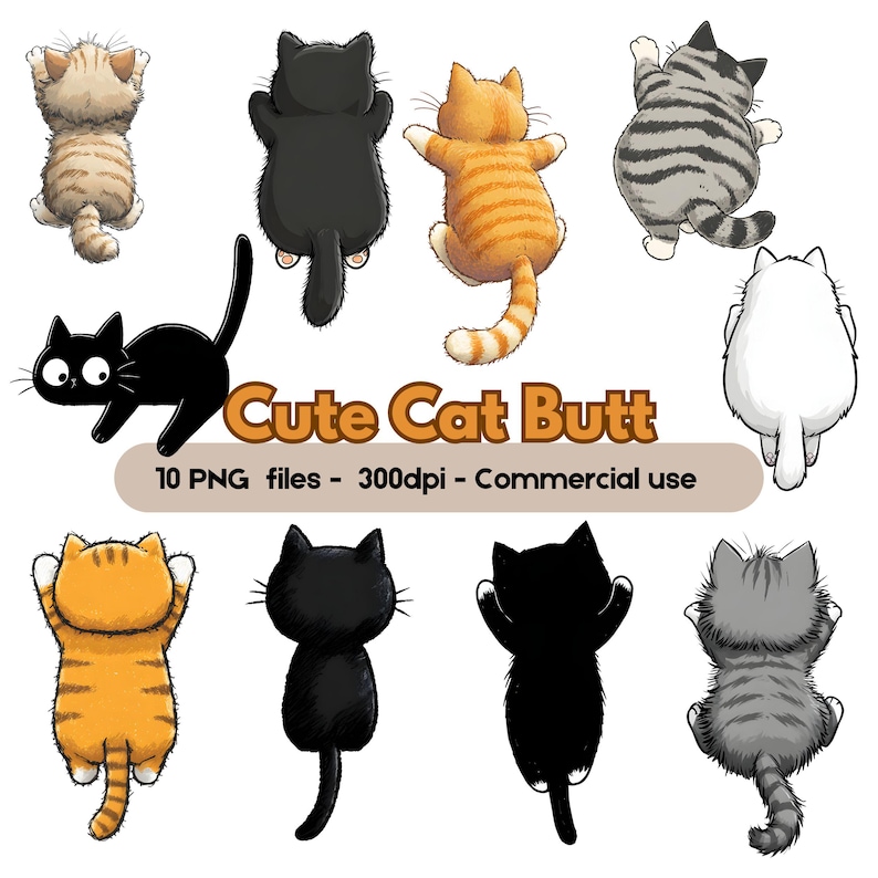Cute Cat Butt Clipart Bundle, Funny Cartoon Cats PNG, Back View Kitty ...