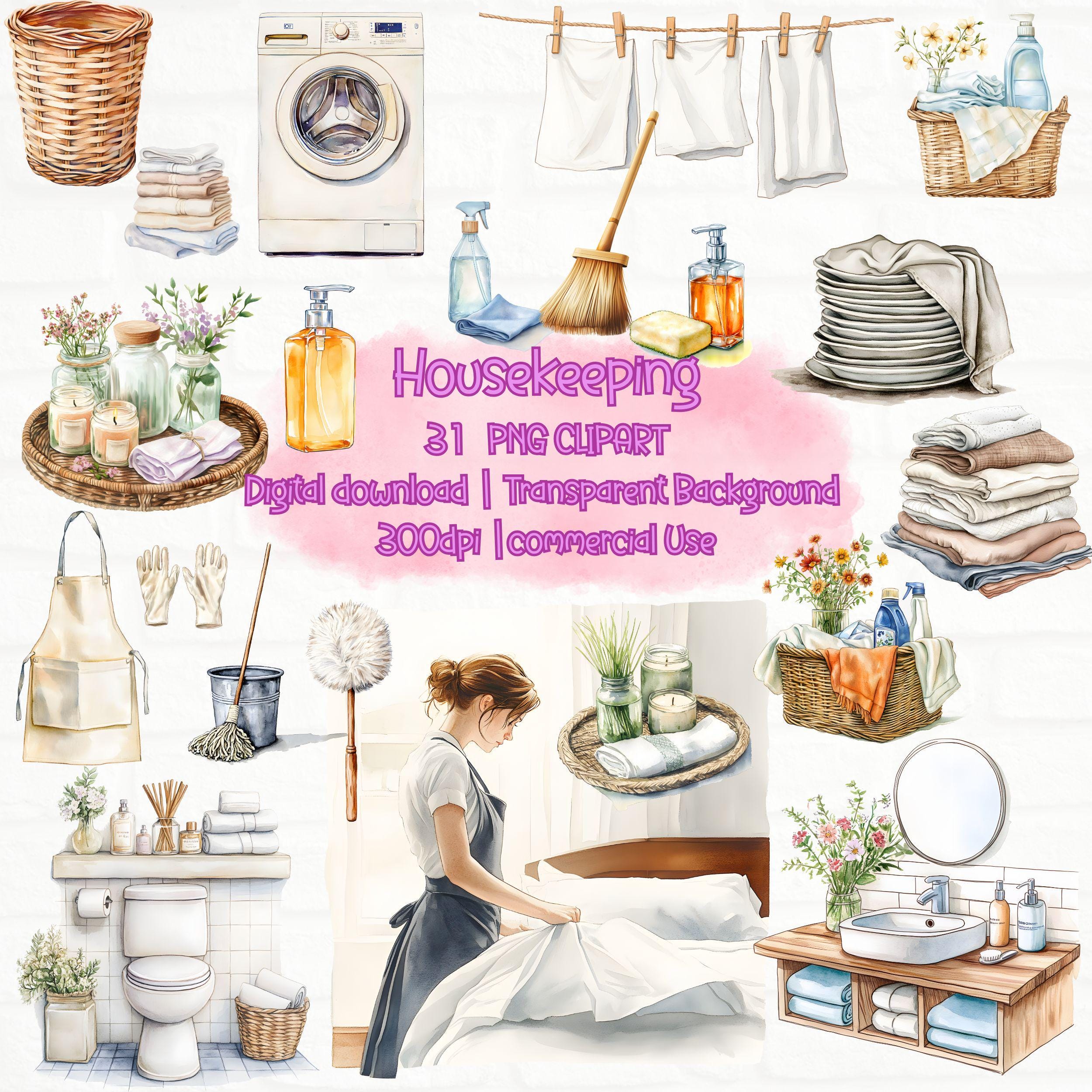 Watercolor Housekeeping Clipart, Cute Cleaning Supplies, Cleaning ...