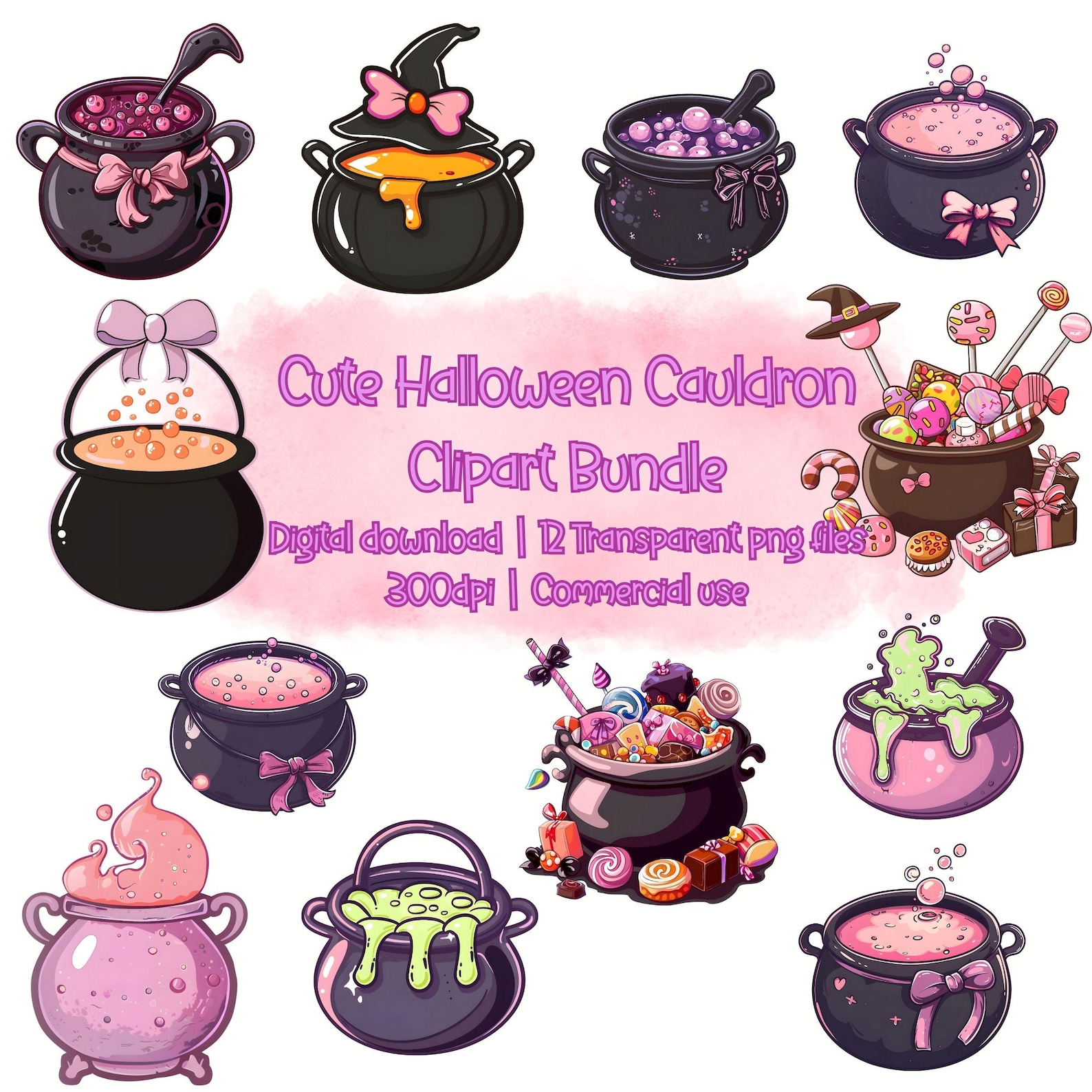 12 Cute Cauldrons With Bow PNG Clipart Halloween Cauldron Clipart Cute ...