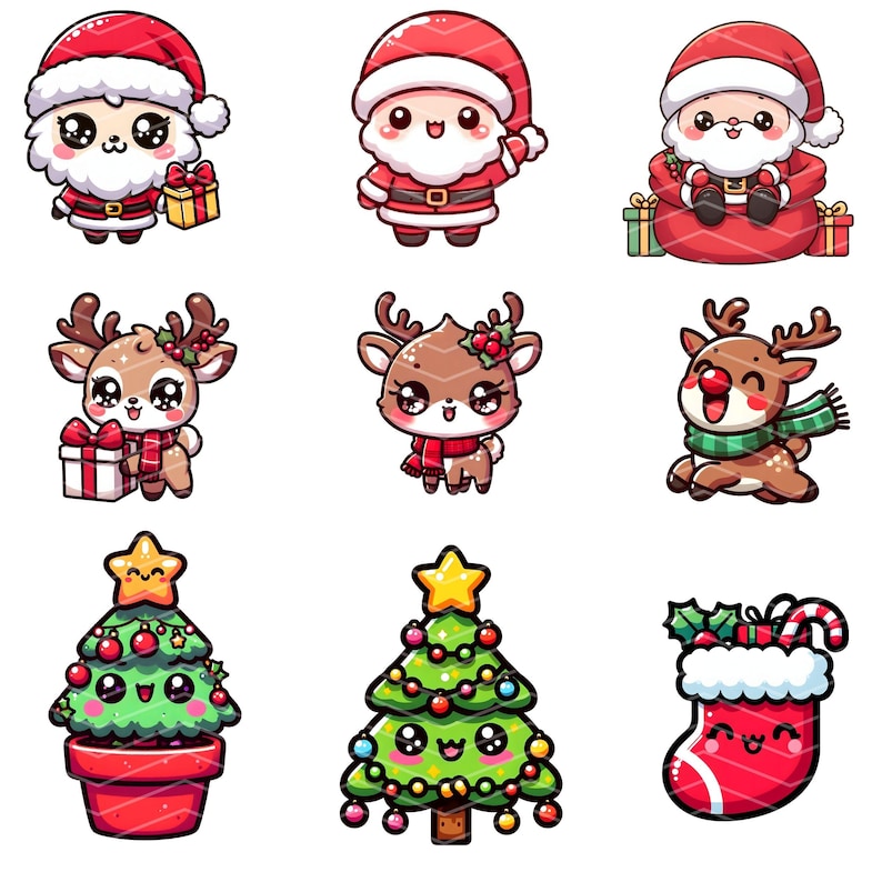 Kawaii Christmas Clipart Bundle | Cute Santa Reindeer Gingerbread PNG ...