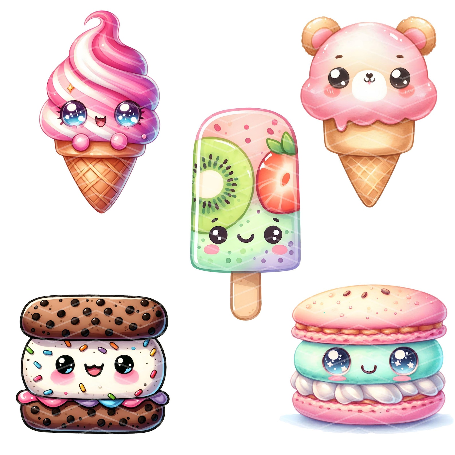 Kawaii Ice Cream Clipart Bundle | Cute Dessert PNG | Pastel Ice Cream ...