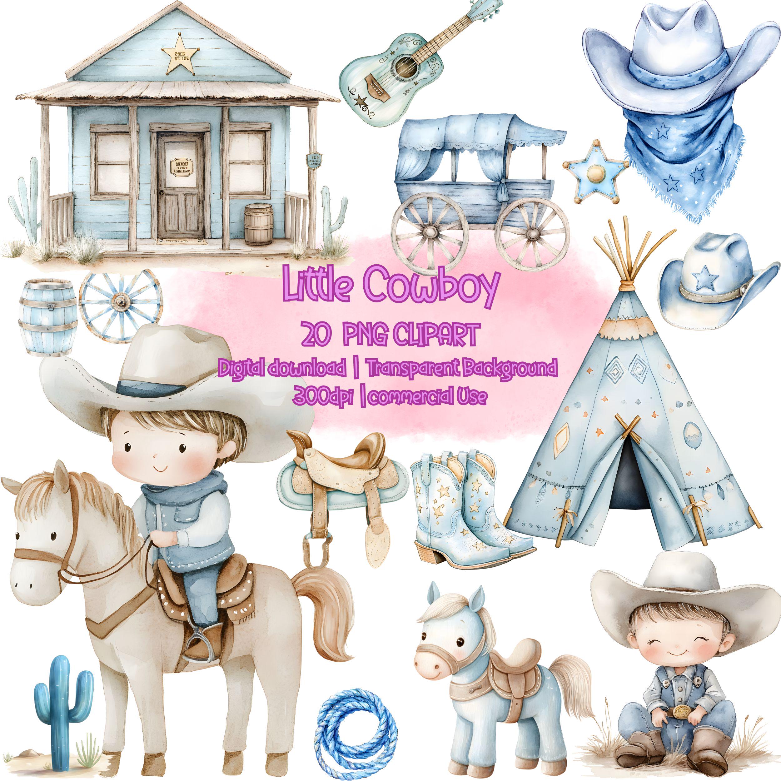 Watercolor Little Cowboy PNG Clipart Bundle, Wild West Baby Shower ...