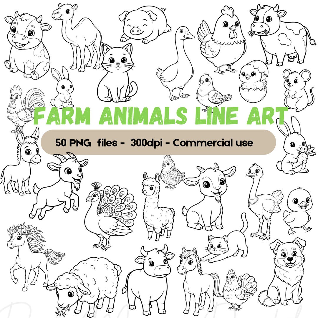 Farm Animals Line Art Clipart, Cute Farm Animal Outline PNG, Kids ...
