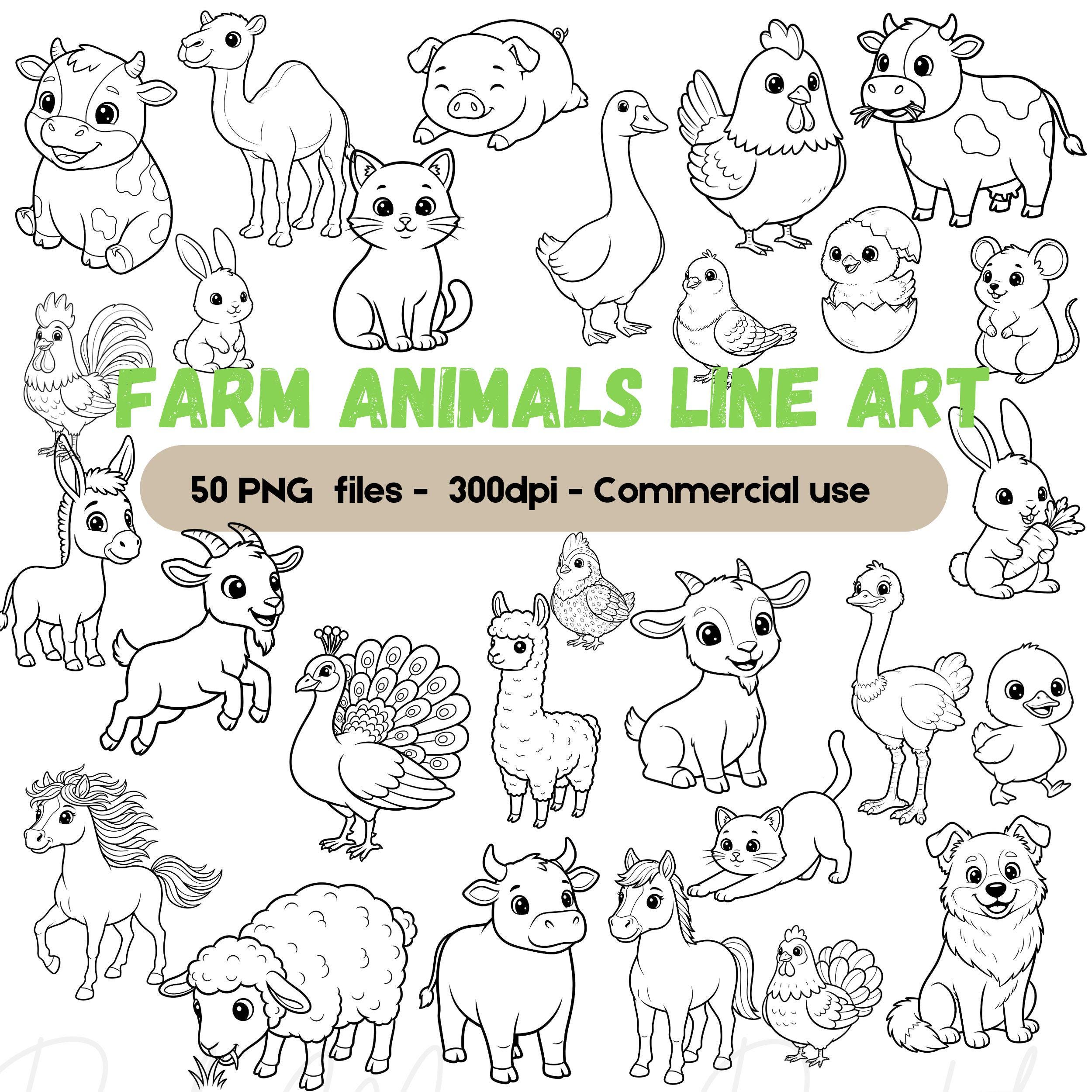 Farm Animals Line Art Clipart, Cute Farm Animal Outline PNG, Kids ...