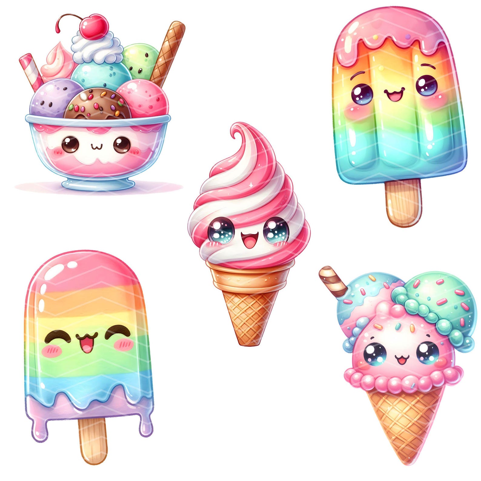 Kawaii Ice Cream Clipart Bundle, Pastel Dessert PNG, Cute Food Clipart ...