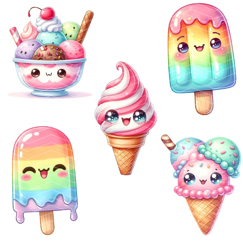 Kawaii Ice Cream Clipart Bundle | Cute Dessert PNG | Pastel Ice Cream ...