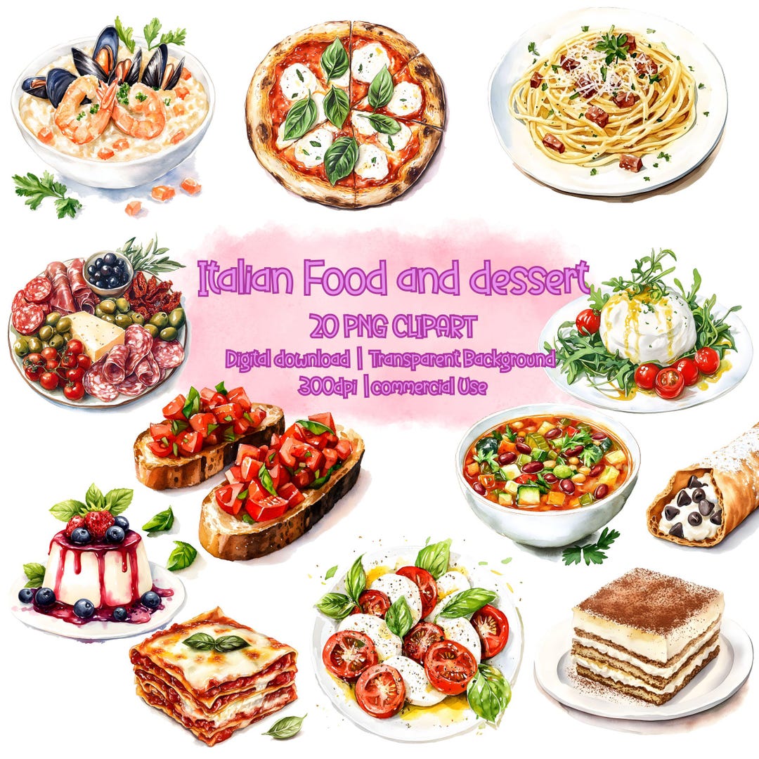 Watercolor Italian Food Clipart: Pizza, Pasta, Bruschetta (PNG Digital ...