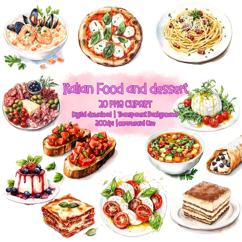Watercolor Italian Food Clipart: Pizza, Pasta, Bruschetta (PNG Digital ...