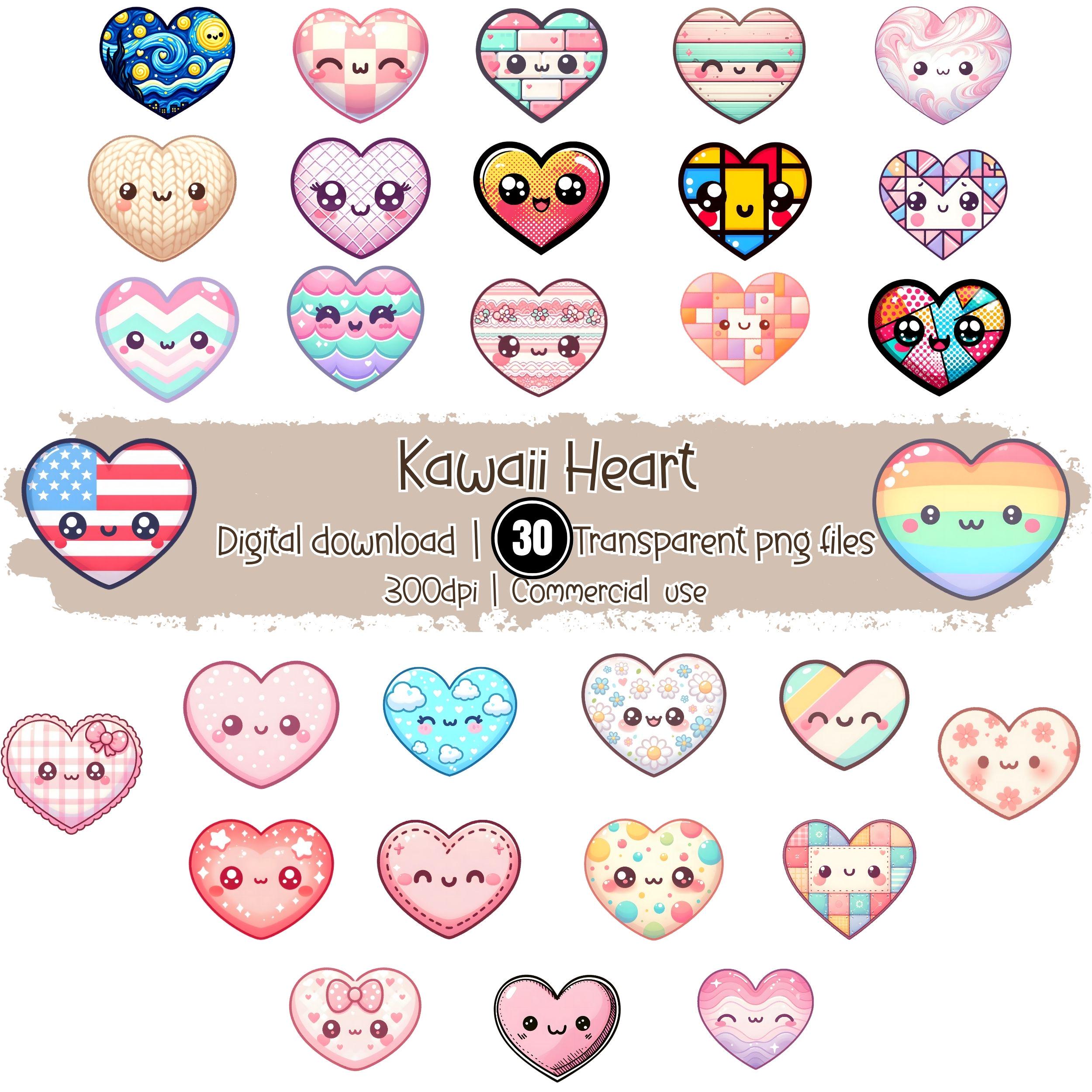 Kawaii Heart Clipart Bundle: 30 Pastel PNG Files - Valentine's Day ...