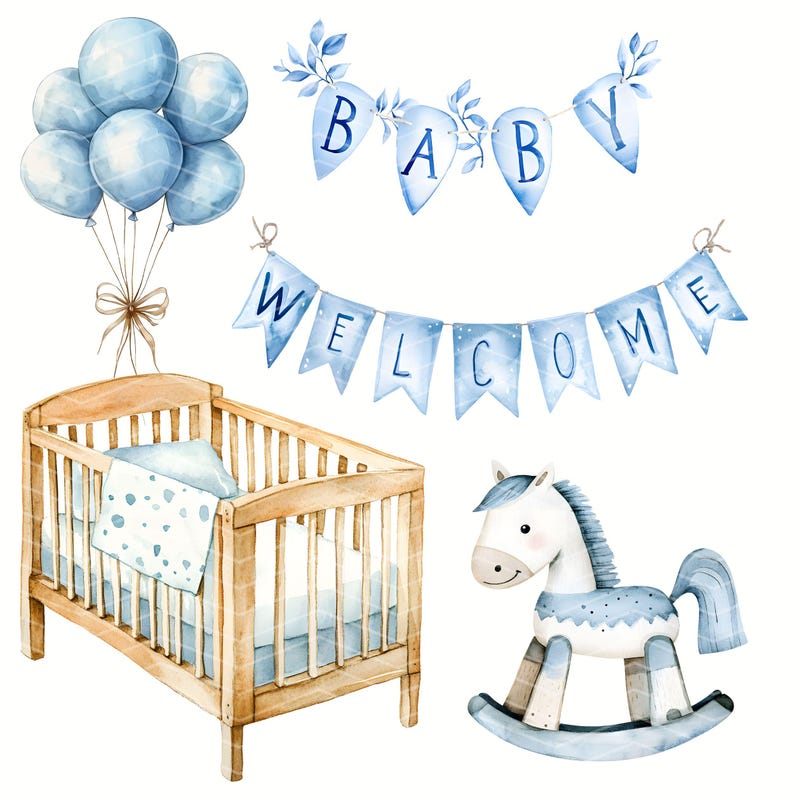 Boy Baby Shower Clipart Bundle Watercolor PNG Nursery Decor Blue ...