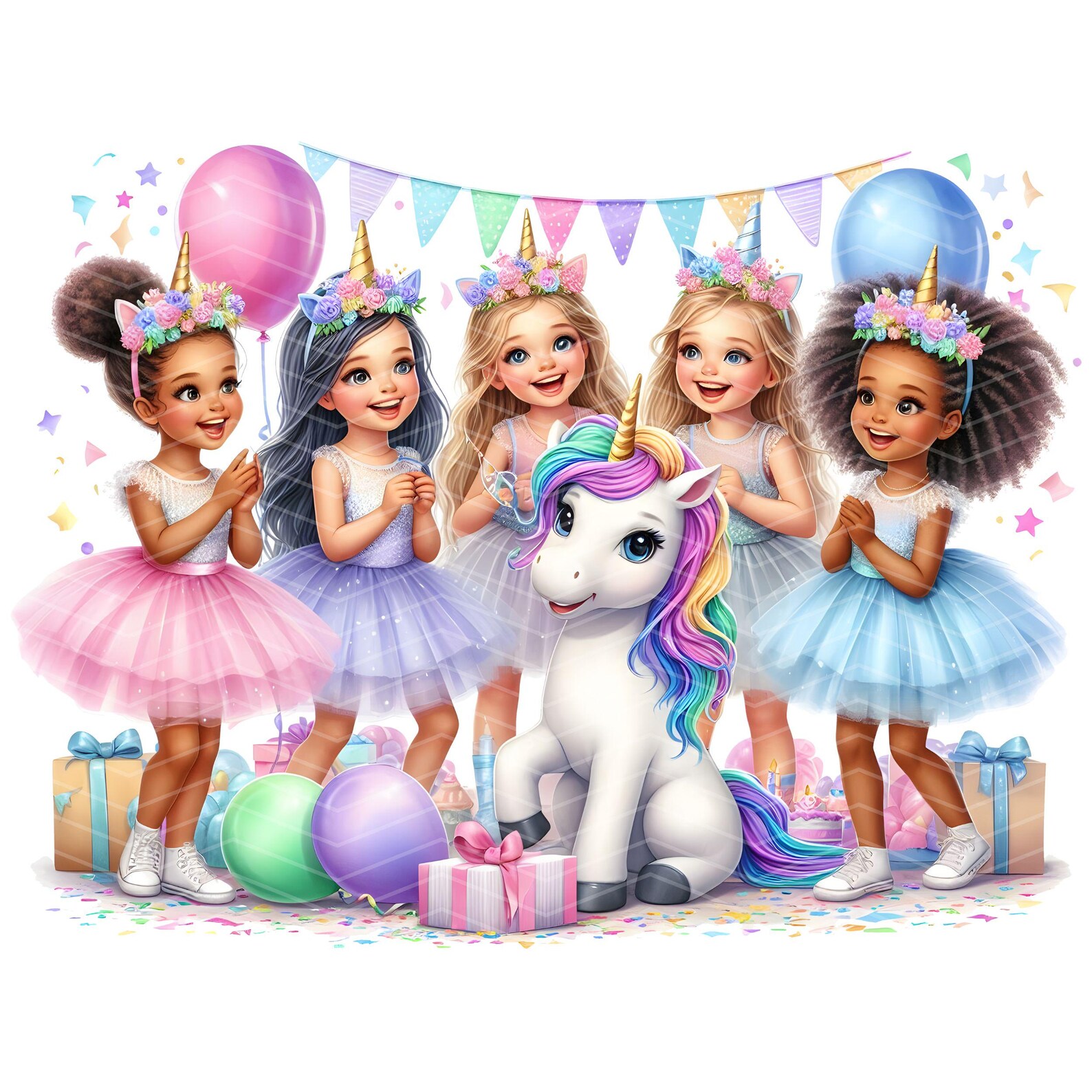 Unicorn Birthday Party Clipart, Rainbow Pastel Unicorns PNG, Unicorn ...