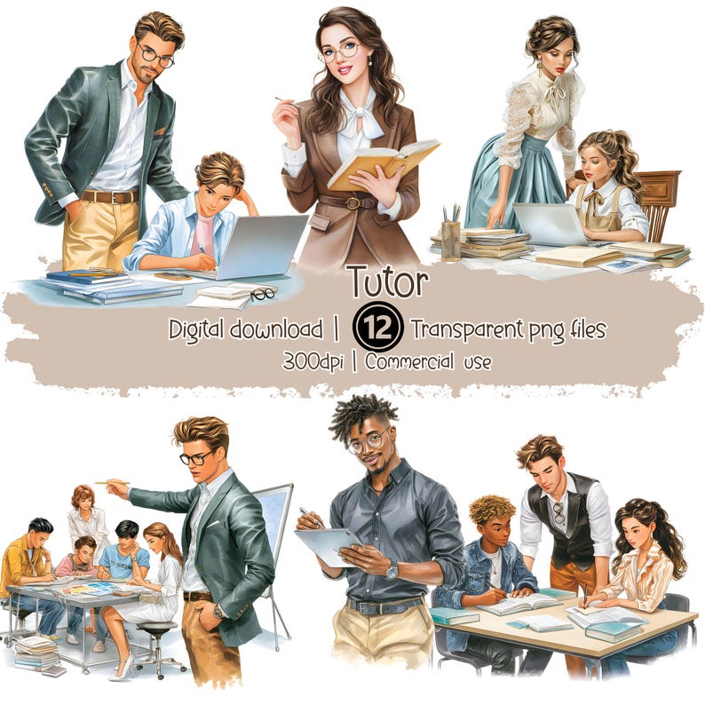 Watercolor Tutor Clipart Bundle: Teacher & Student PNG Files (digital ...