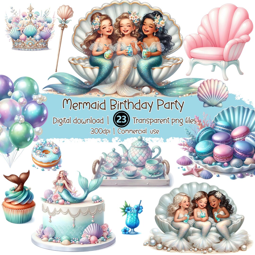 Mermaid Birthday Clipart Bundle, Watercolor Under the Sea PNG, Girl ...
