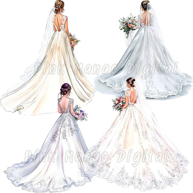 Watercolor Bride Back Floral Clipart, Wedding Illustration, PNG Files ...