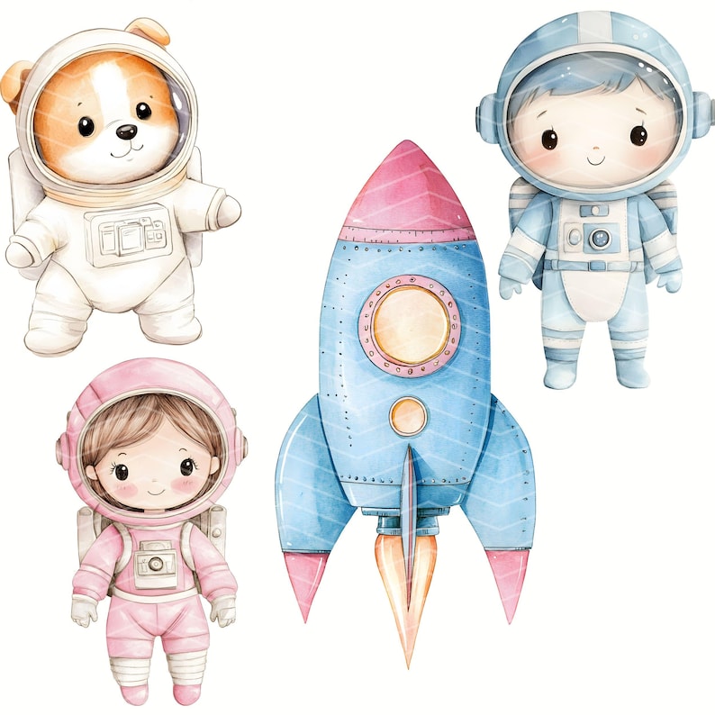 Watercolor Space Clipart Bundle, Cute Astronauts Planets Stars Aliens ...