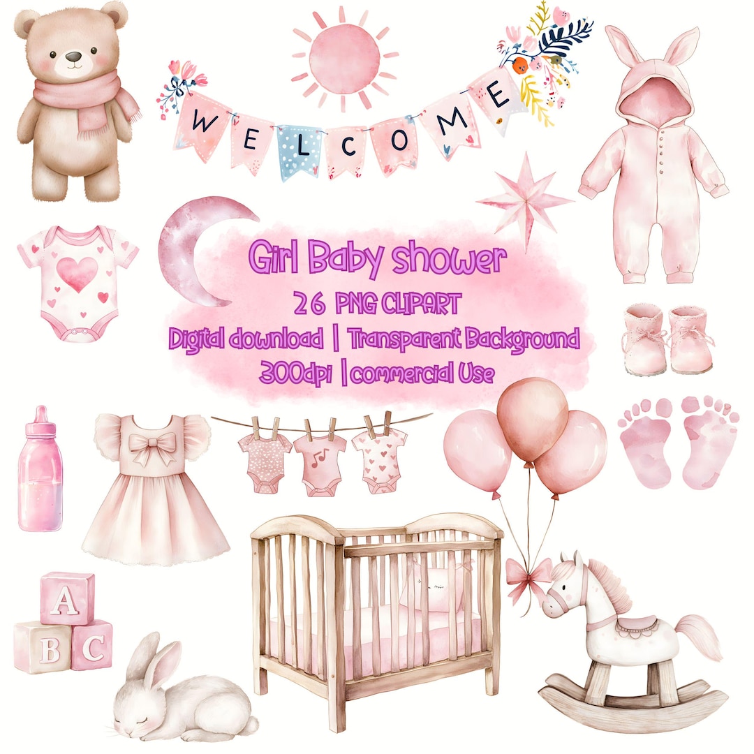Girl Baby Shower Clipart Bundle Watercolor PNG Nursery Decor Pink ...