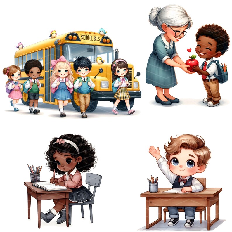Back to School Clipart Bundle | 20 PNG Kids Classroom School Bus | Cute ...