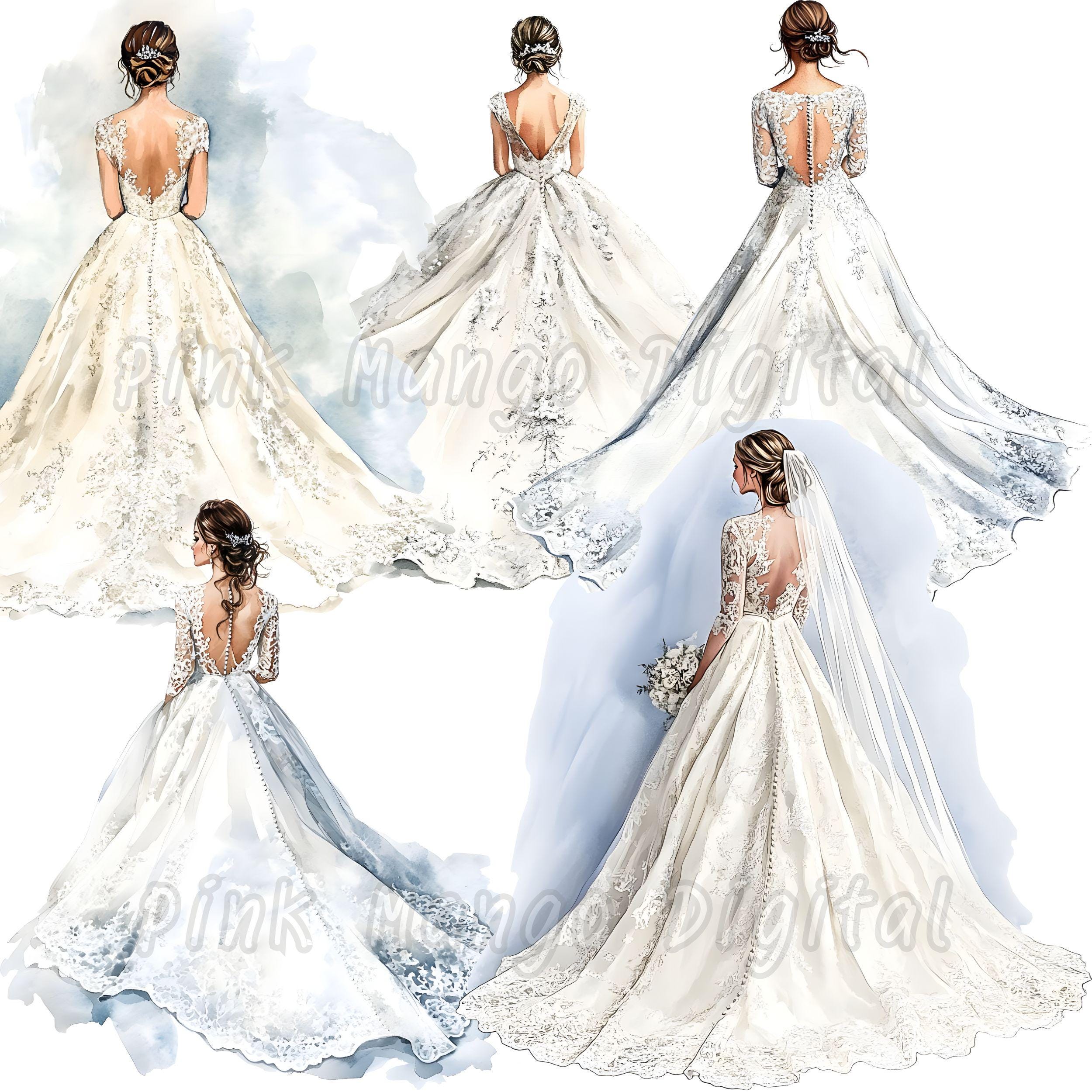 Watercolor Bride Back Floral Clipart, Wedding Illustration, PNG Files ...
