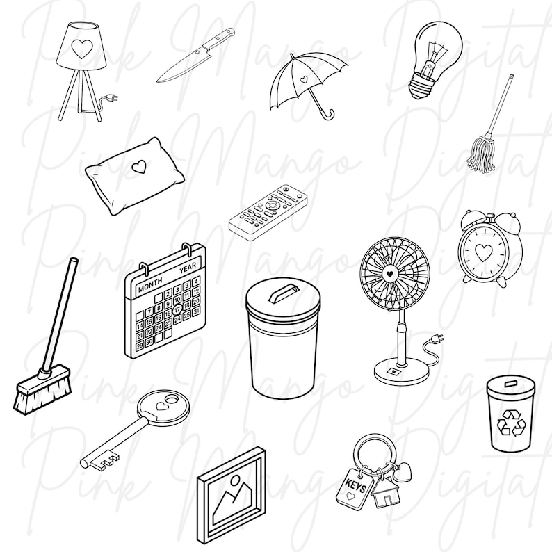 Everyday Objects Line Art Clipart, Daily Items Outline Icons, Minimal ...