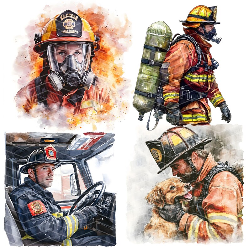 Watercolor Firefighter Clipart: Fireman PNG Graphics (digital Download ...