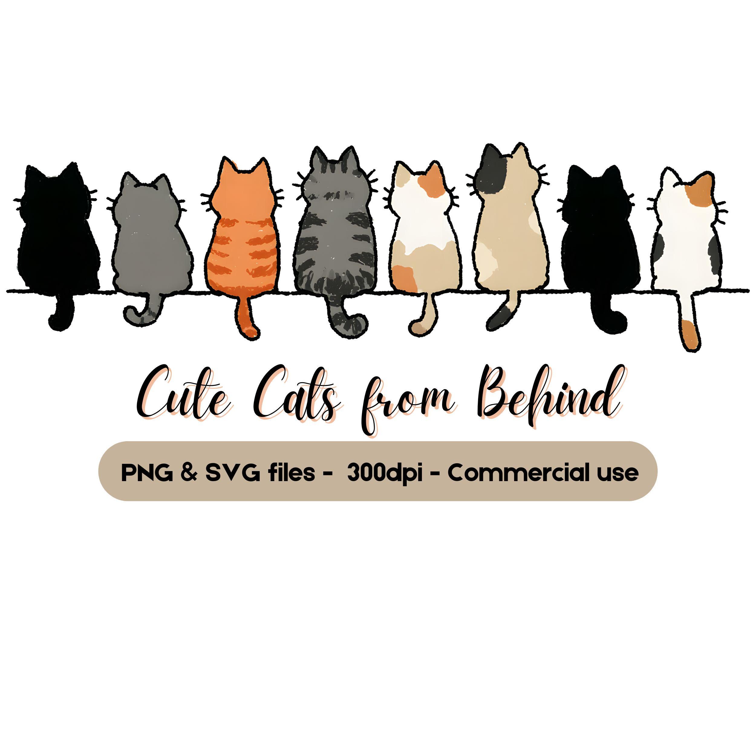 Cute Cats From Behind Clipart, Cat Silhouette PNG SVG, Cat Lovers ...
