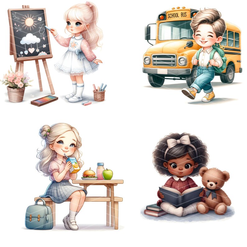 Back to School Clipart Bundle | 20 PNG Kids Classroom School Bus | Cute ...