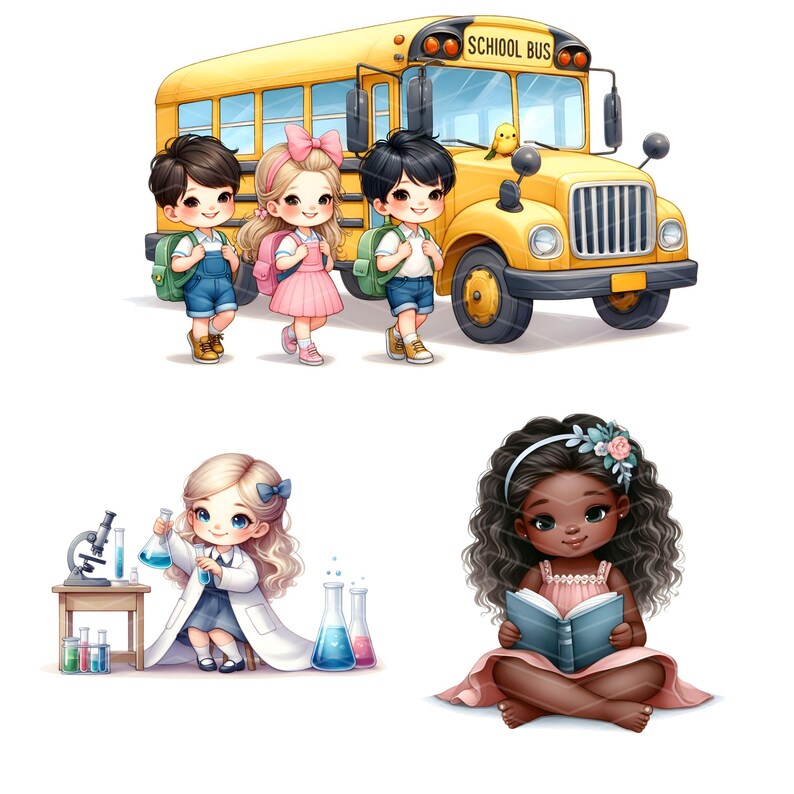Back to School Clipart Bundle | 20 PNG Kids Classroom School Bus | Cute ...