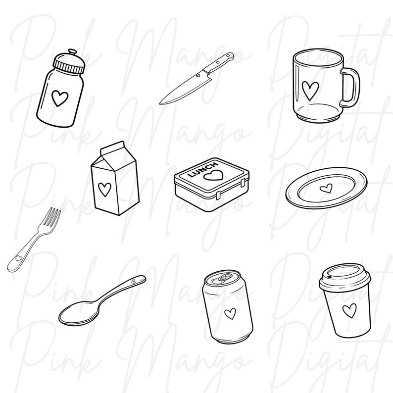 Everyday Objects Line Art Clipart, Daily Items Outline Icons, Minimal ...