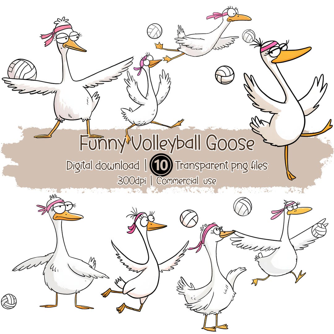 Funny Volleyball Goose Clipart Set: Silly Cartoon Goose Pngs (digital ...