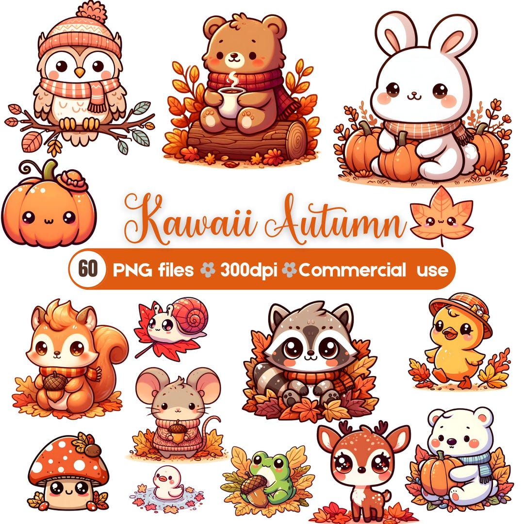 Kawaii Autumn Animals Clipart Bundle | 60 PNG Fall Woodland Creatures ...