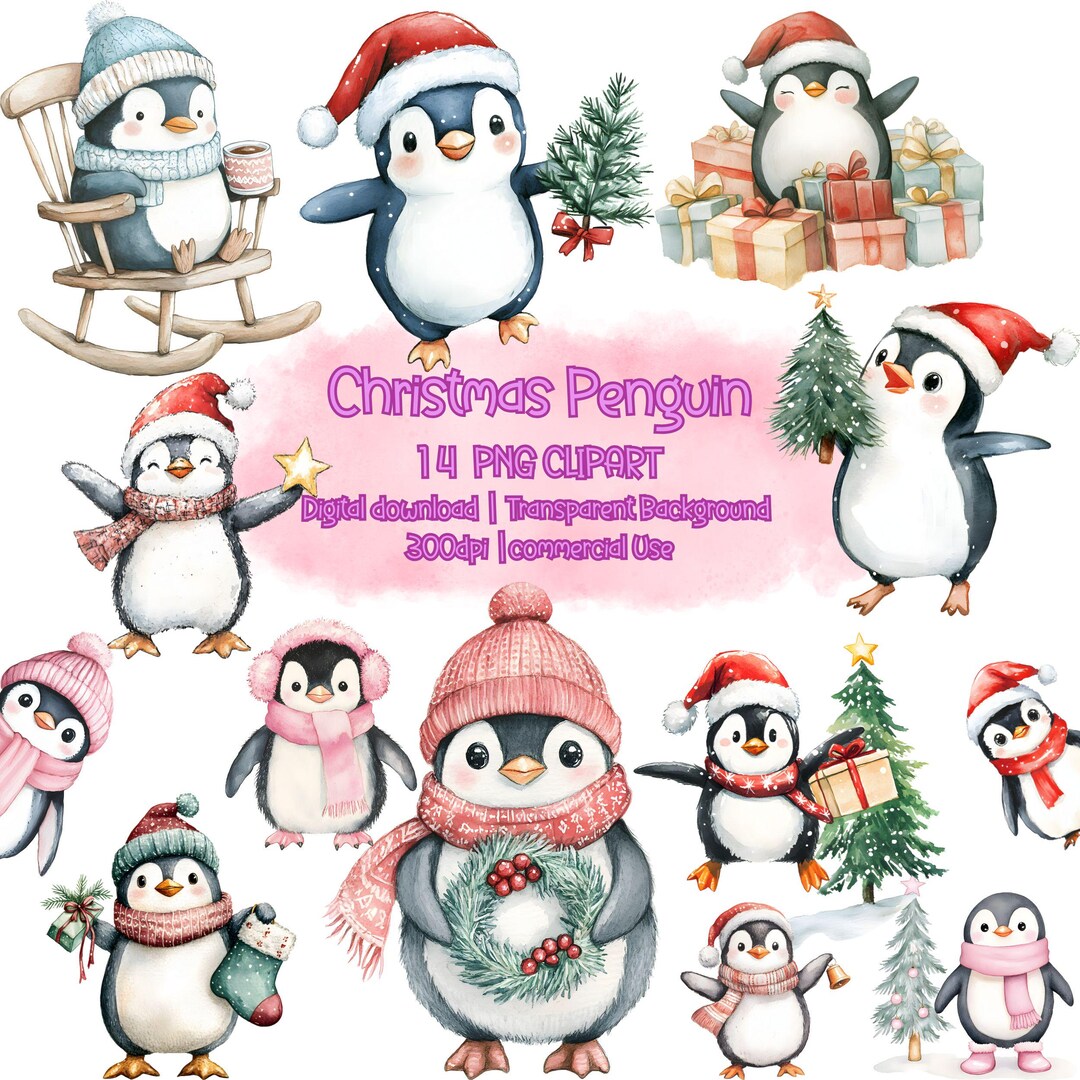 Watercolor Christmas Penguin Clipart Bundle: Holiday PNG Images ...