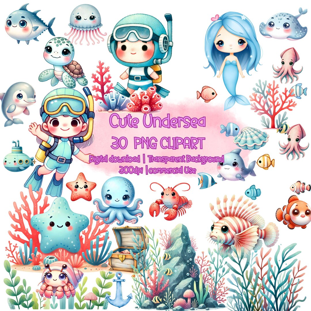 Cute Undersea Clipart Bundle, Cute Ocean Animals, Sea Animals, Baby ...
