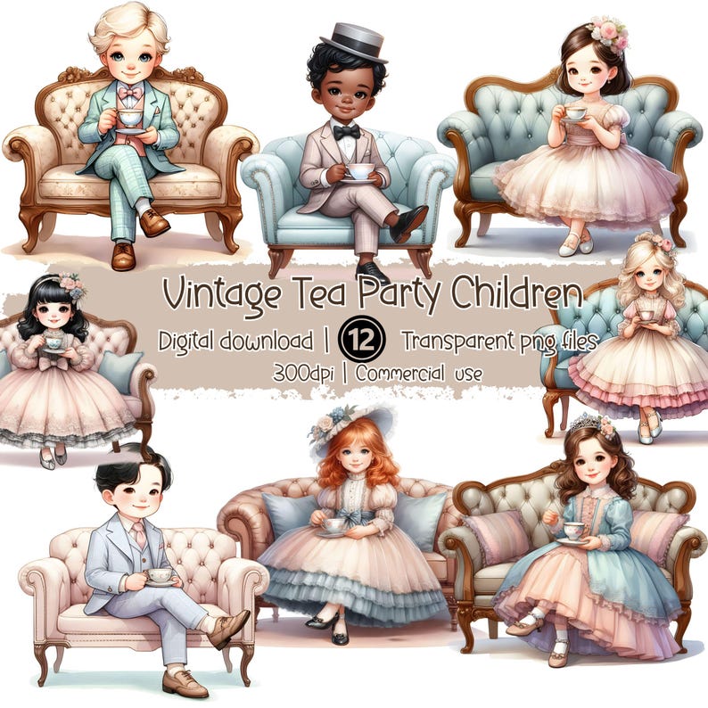 Vintage Tea Party Children Clipart | Whimsical Boys & Girls Sitting on ...