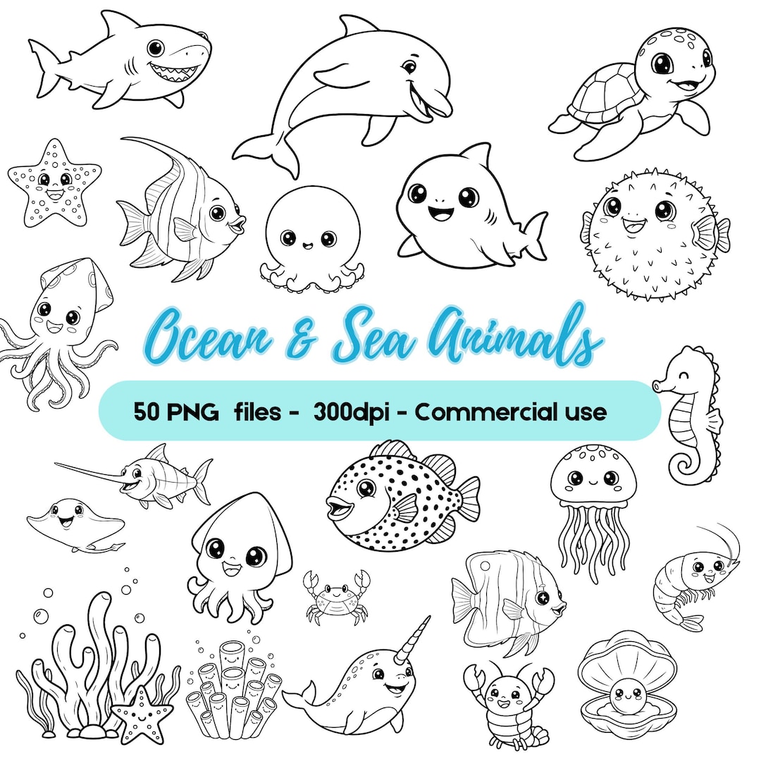 Sea Animals Coloring Clipart Bundle | 50 Ocean Creatures PNG | Kids Sea ...