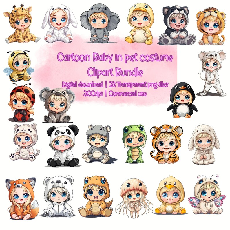 Cartoon Baby Animal Costume Clipart: Chibi PNG Bundle (digital Download ...