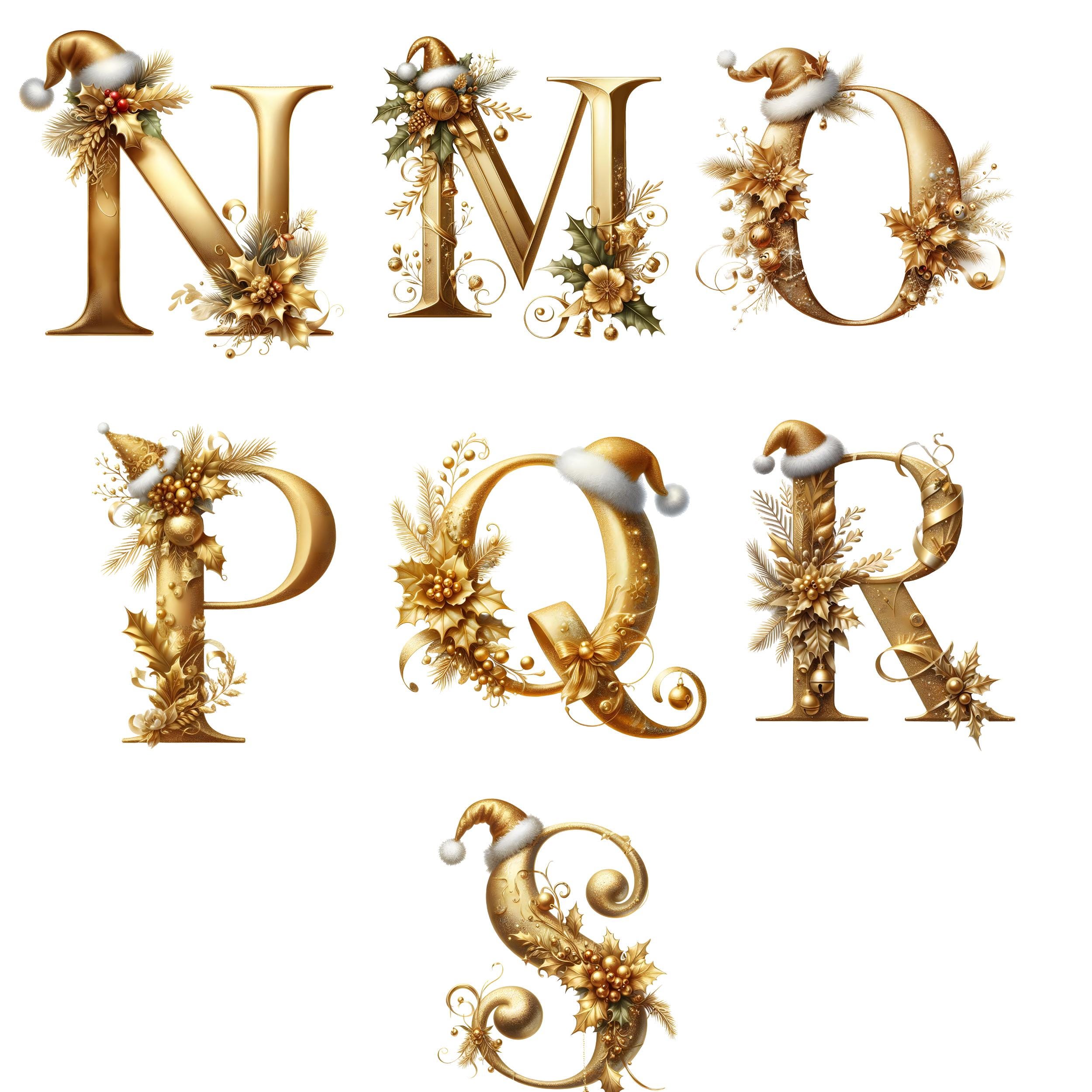 Gold Christmas Alphabet PNG, Floral Monogram Letters, Festive Golden ...