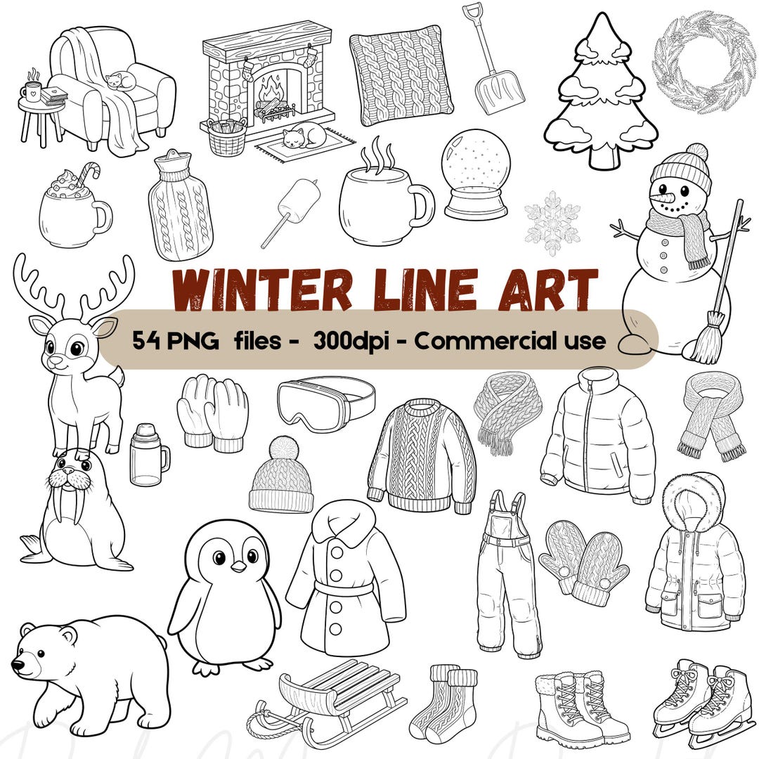 Winter Line Art Clipart, Cozy Winter Objects Outline PNG, Cold Weather ...