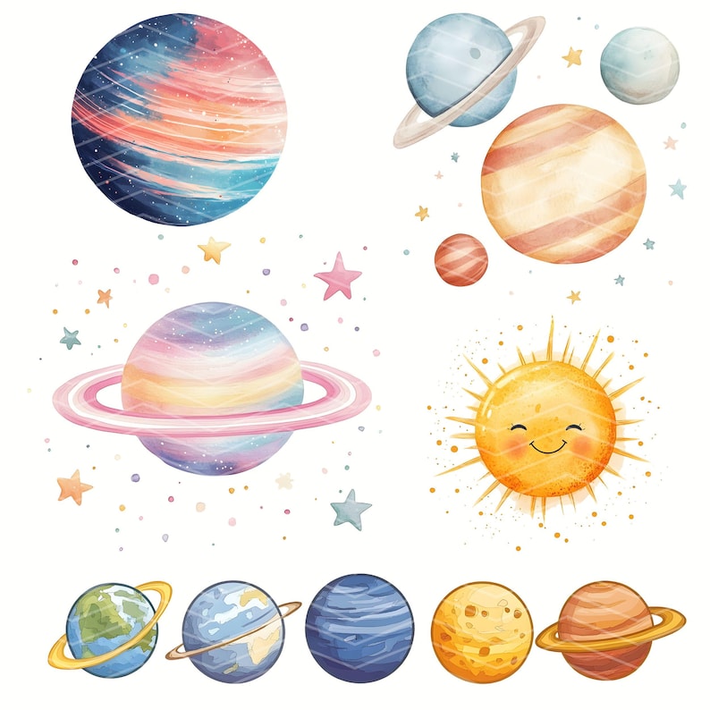 Watercolor Space Clipart Bundle, Cute Astronauts Planets Stars Aliens ...