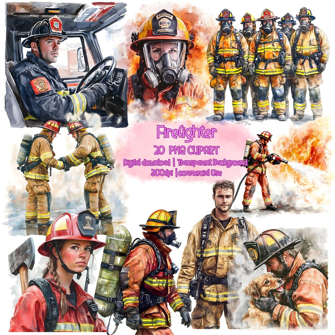 Firefighter Watercolor Clipart, Fireman PNG, Fire Truck Clipart, Fire ...