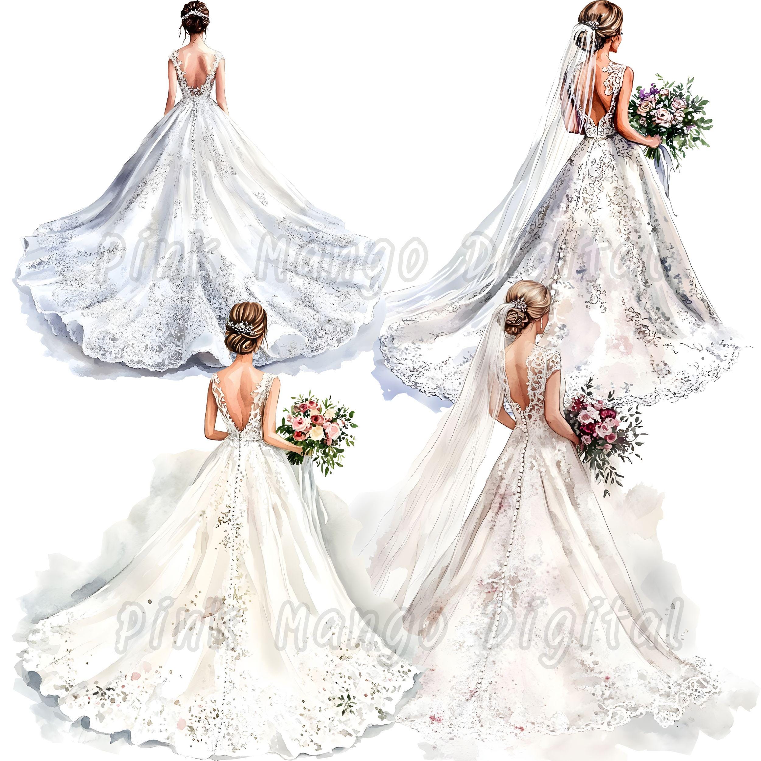 Watercolor Bride Back Floral Clipart, Wedding Illustration, PNG Files ...