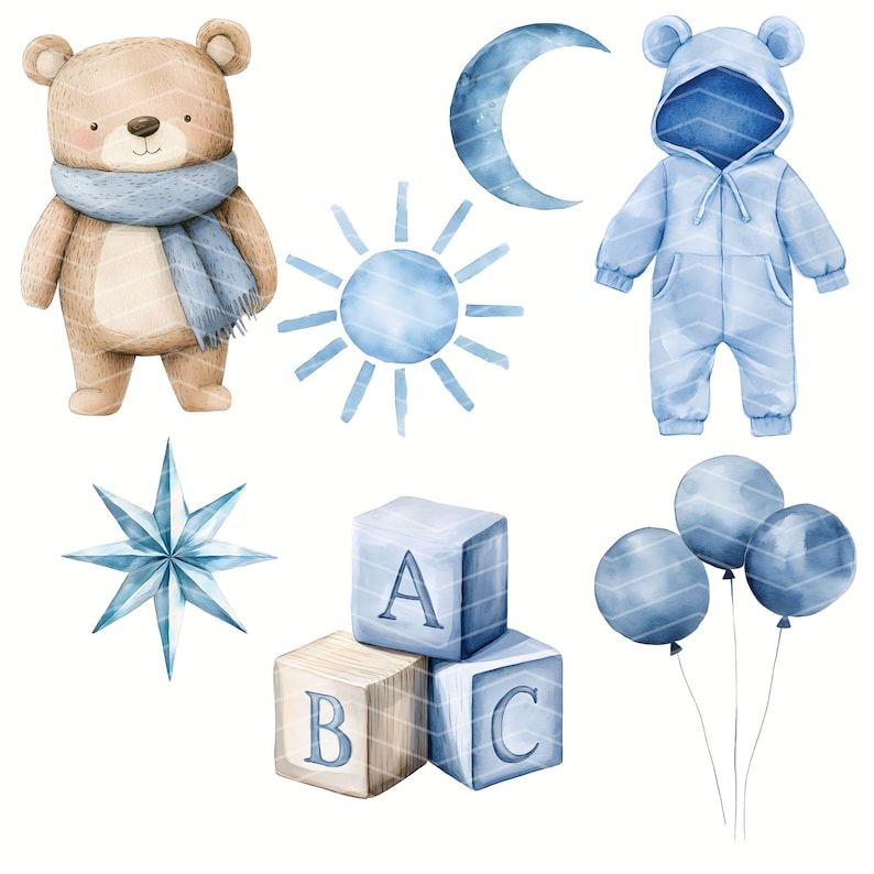 Boy Baby Shower Clipart Bundle Watercolor PNG Nursery Decor Blue ...