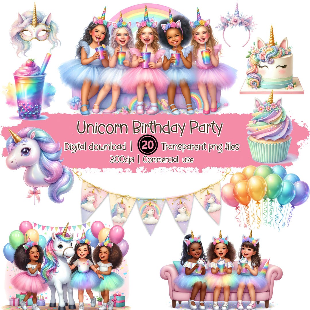 Unicorn Birthday Party Clipart, Rainbow Pastel Unicorns PNG, Unicorn ...