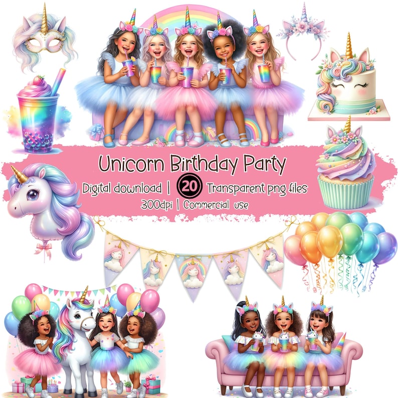 Unicorn Birthday Party Clipart: Rainbow Unicorns, Cake, Balloons (PNG ...