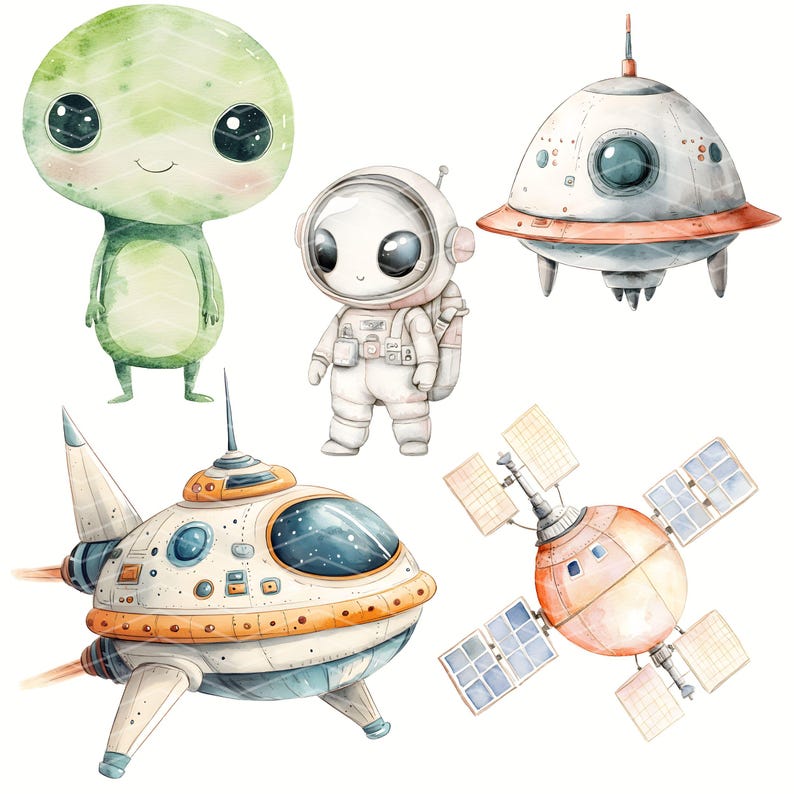 Watercolor Space Clipart Bundle, Cute Astronauts Planets Stars Aliens ...