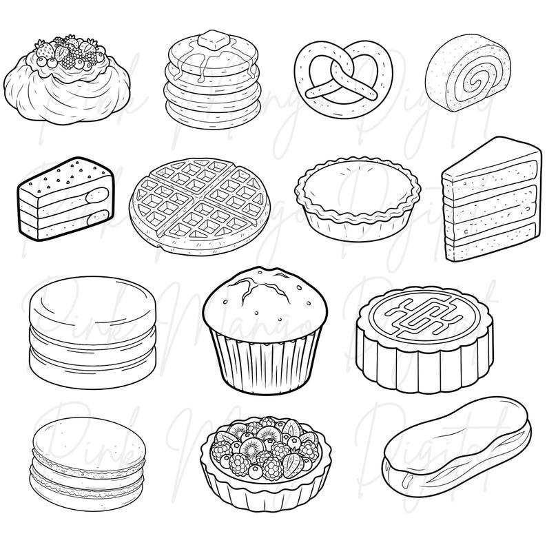 Food Line Art Clipart Bundle PNG | Hand Drawn Meals Desserts Drinks ...