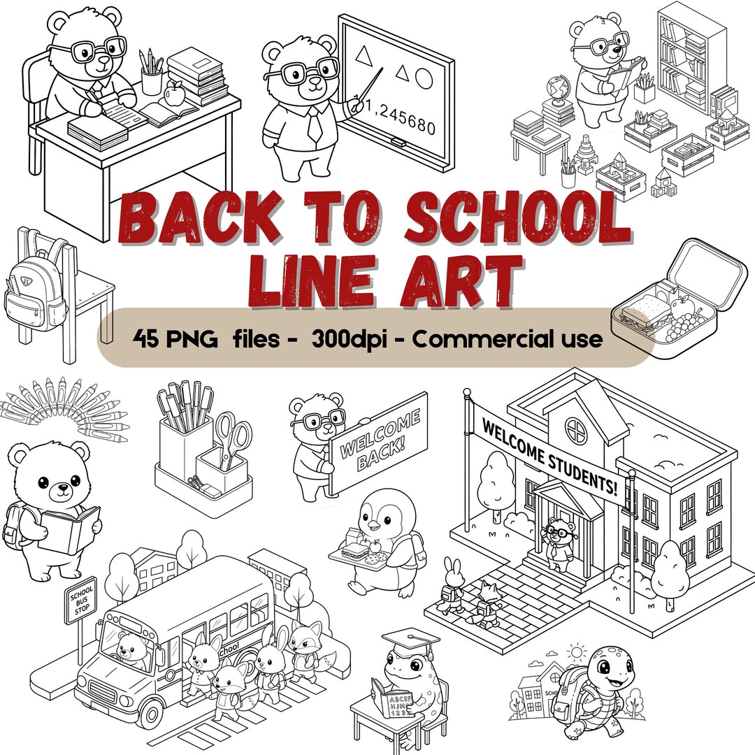 Back to School Line Art Clipart Bundle, Cute Animal School Coloring ...