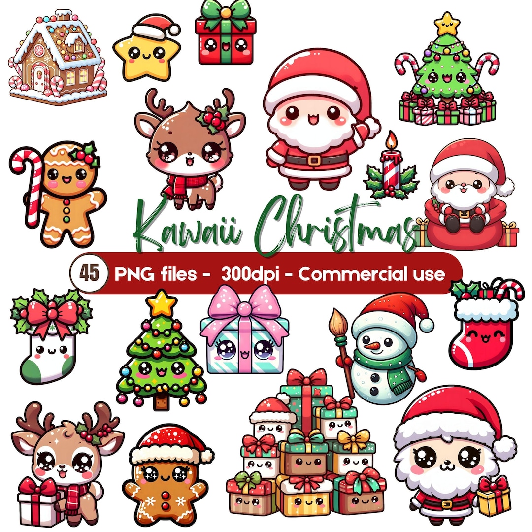 Kawaii Christmas Clipart Bundle | Cute Santa Reindeer Gingerbread PNG ...