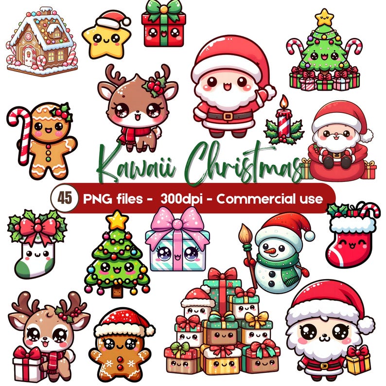 Kawaii Christmas Clipart Bundle | Cute Santa Reindeer Gingerbread PNG ...