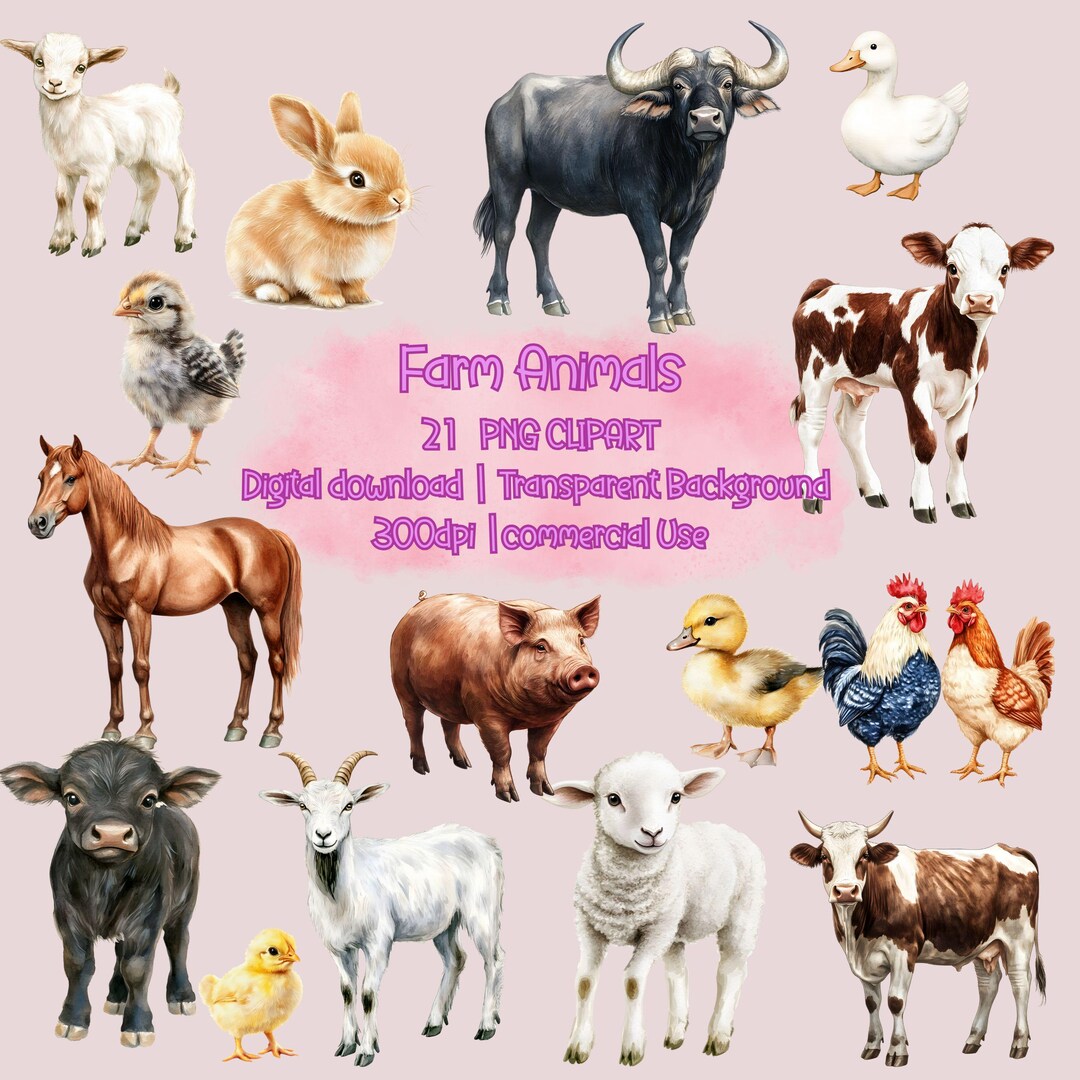 Farm Watercolor Clipart, Cute Farm Animals Clipart, Pig Duck Cow Rabbit ...